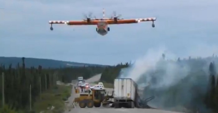 Semi Trailer Blaze Extinguished by a Giant Water Bomb